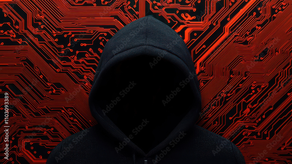 Abstract hacker icon with glitch effect on circuit board background ...