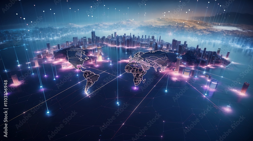 A futuristic 3D concept of a travel map with holographic destination ...