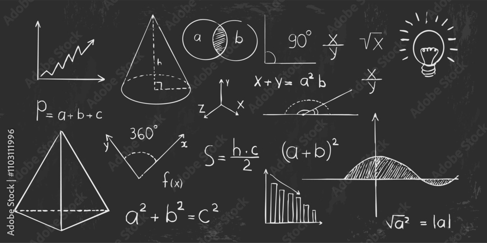 Math geometry graph and shapes on blackboard background. Set science ...