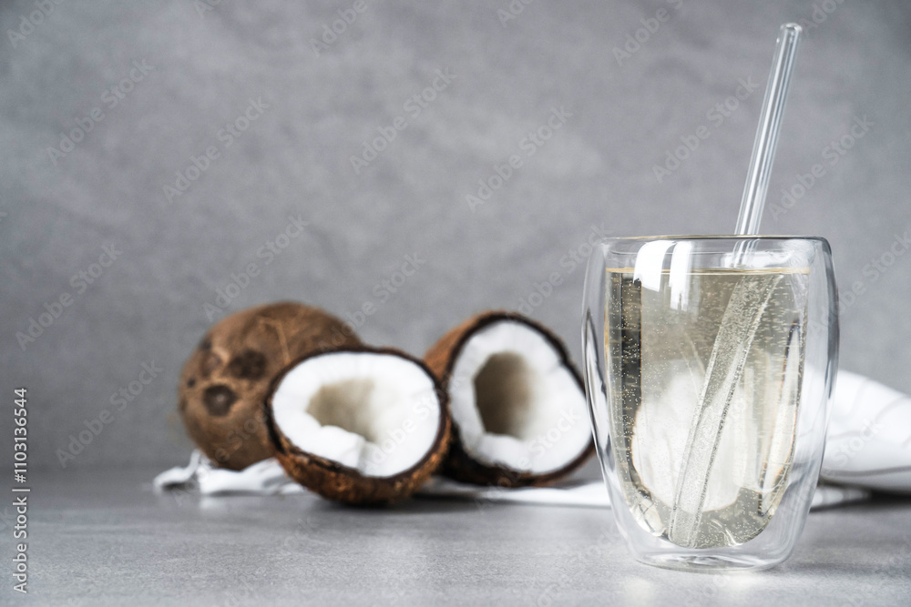 coconut water in a transparent glass with a glass tube, electrolytes ...