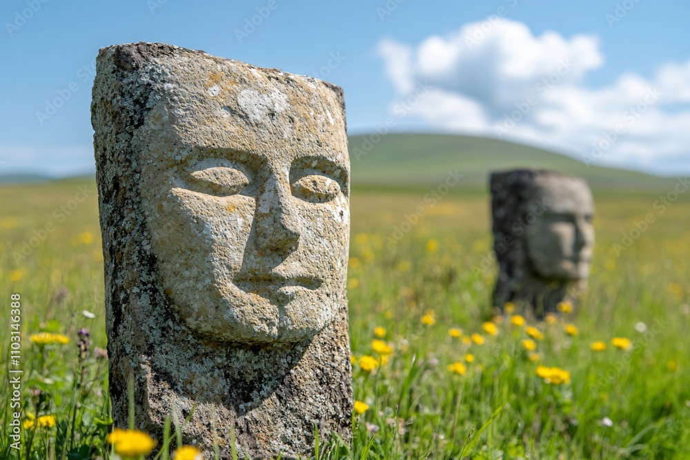 Ancient stone sculptures in blooming meadow. Historic carved heads amid ...