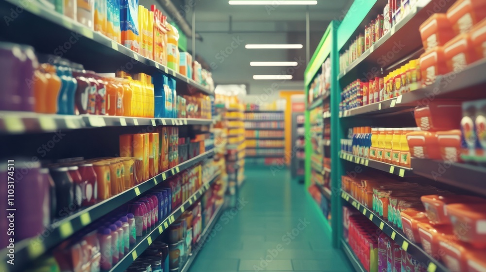 Aisle in grocery store, colorful products on shelves, organized and ...