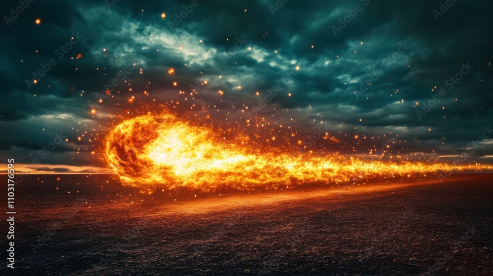 Fireball shooting through the air, leaving a fiery trail of orange and ...