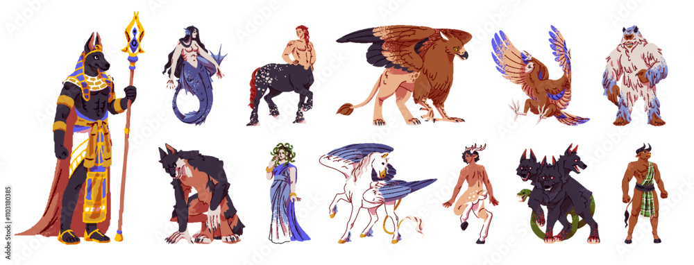 Mythical creatures set. Different fantastic monsters, magical beasts, fairytale characters of ...