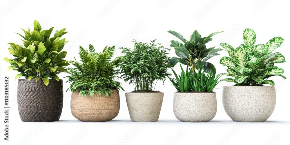 Five potted plants with different textures and patterns on their pots ...