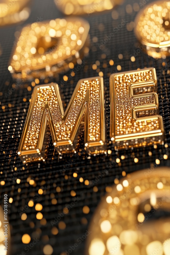 The word ME made from golden metal on a black background with many tiny ...