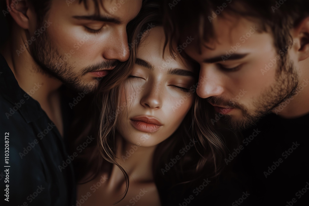 beautiful woman between two handsome men, in the style of love triangle ...