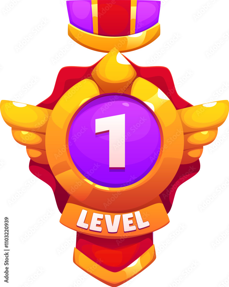 Game rank level up badge icon, victory shields asset. Cartoon vector first level reward, user ...