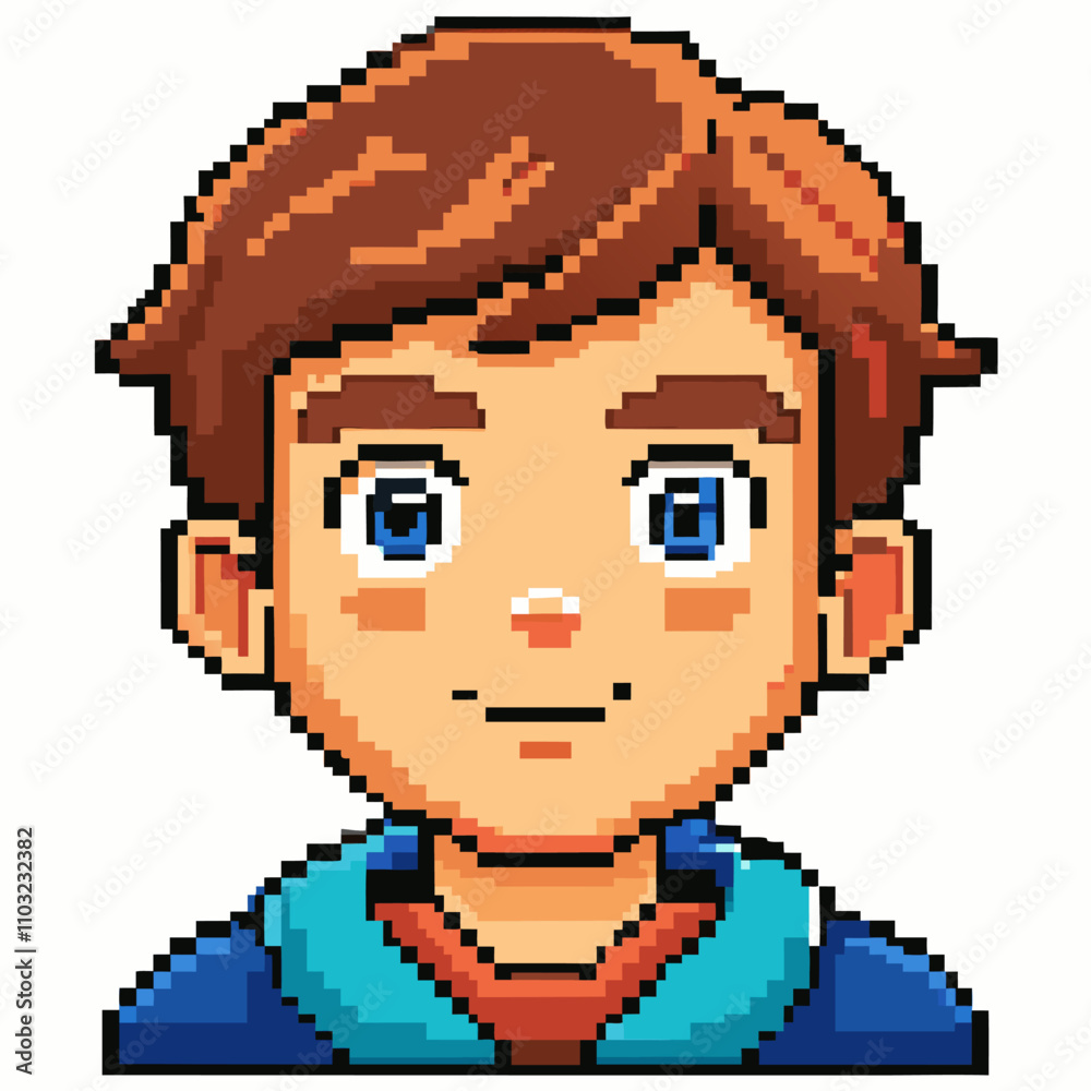 8 bit Pixel Art Boy Character with Brown Hair and Blue Eyes in a Hoodie ...