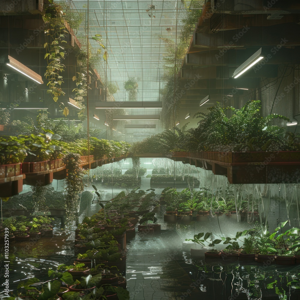 Hydroponic farming setup with nutrient-enriched water circulating ...