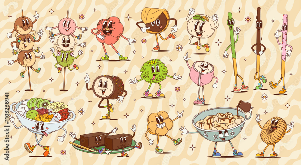 Cartoon retro groovy asian sweets and desserts characters, vector snack ...