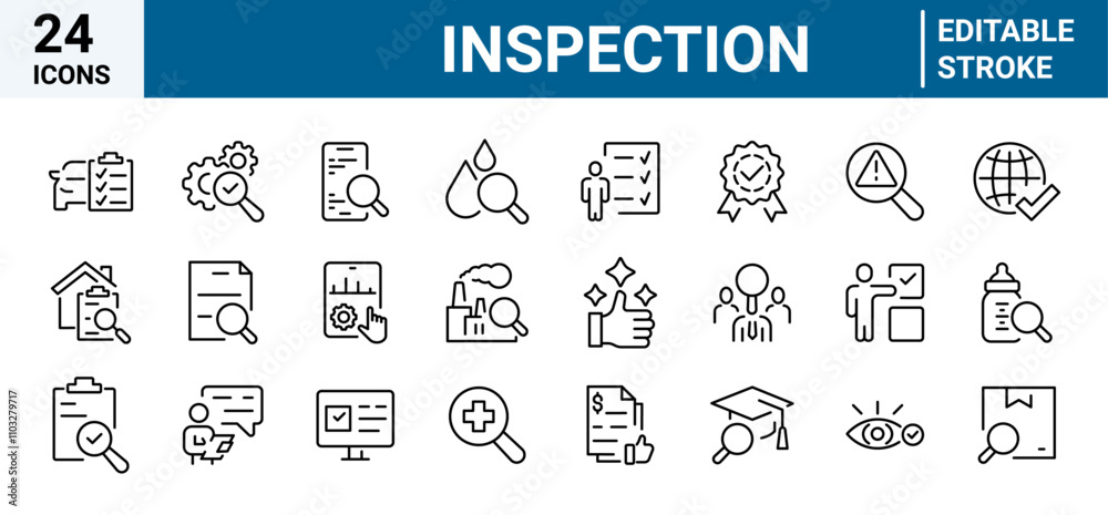 Inspection web line icons set. Pack of inspection, hire, calculation ...