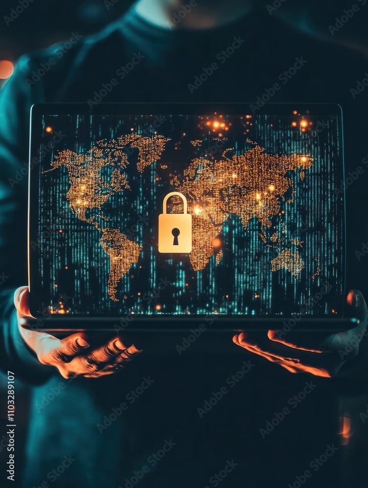 Hacker holding laptop with digital key and world map hologram. Hacking and cyber attack concept ...