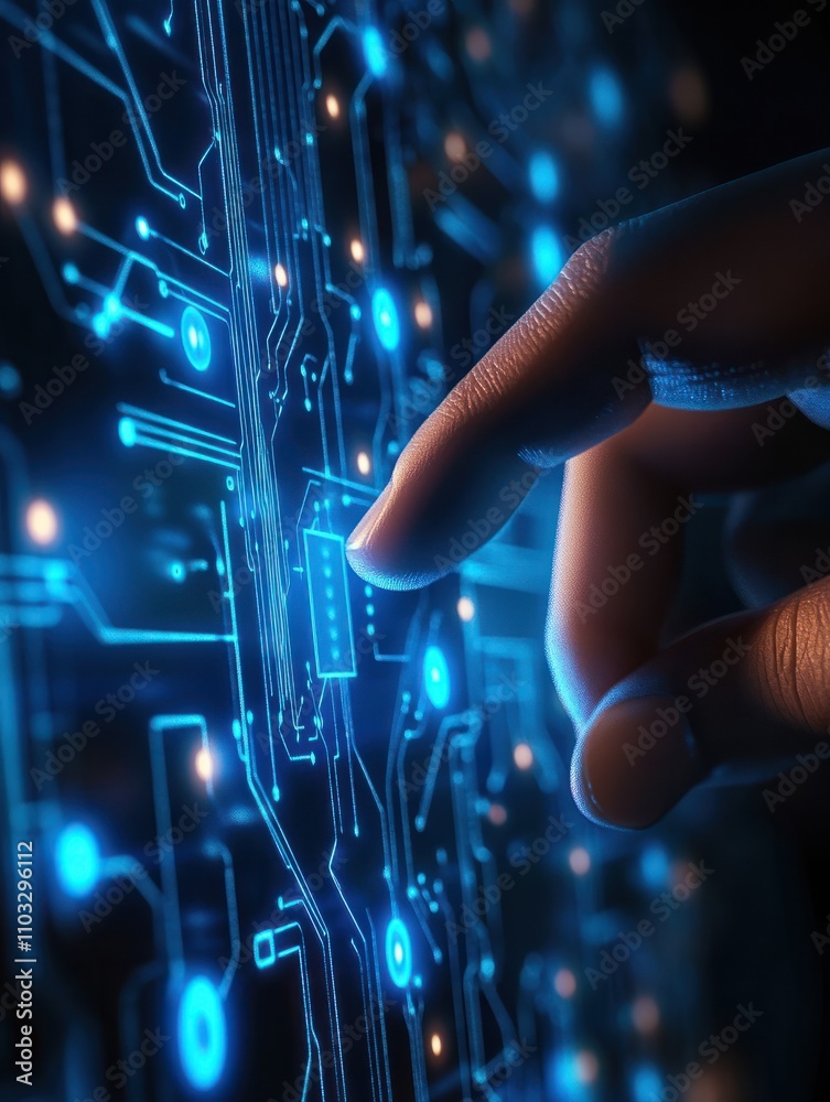 Male hand pointing at abstract blue AI chip on blurry background ...