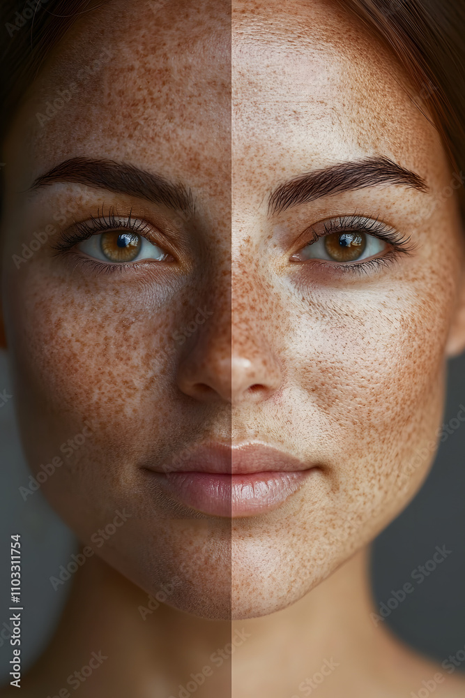 Before and after facial treatment concept. face with melasma and brown ...