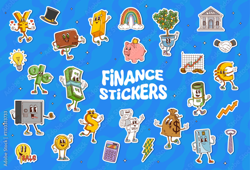 Cartoon groovy finance stickers of vector money characters. Cute ...