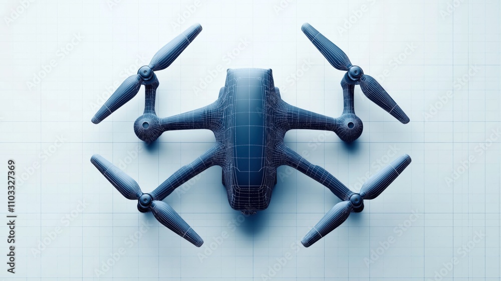 Top view of a detailed 3D blueprint model of a quadcopter drone with ...