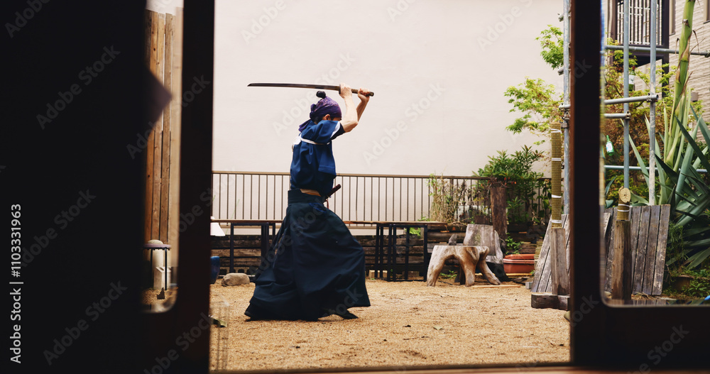 Dojo, Kenjutsu and sword with man in Japan for combat, martial arts or ...