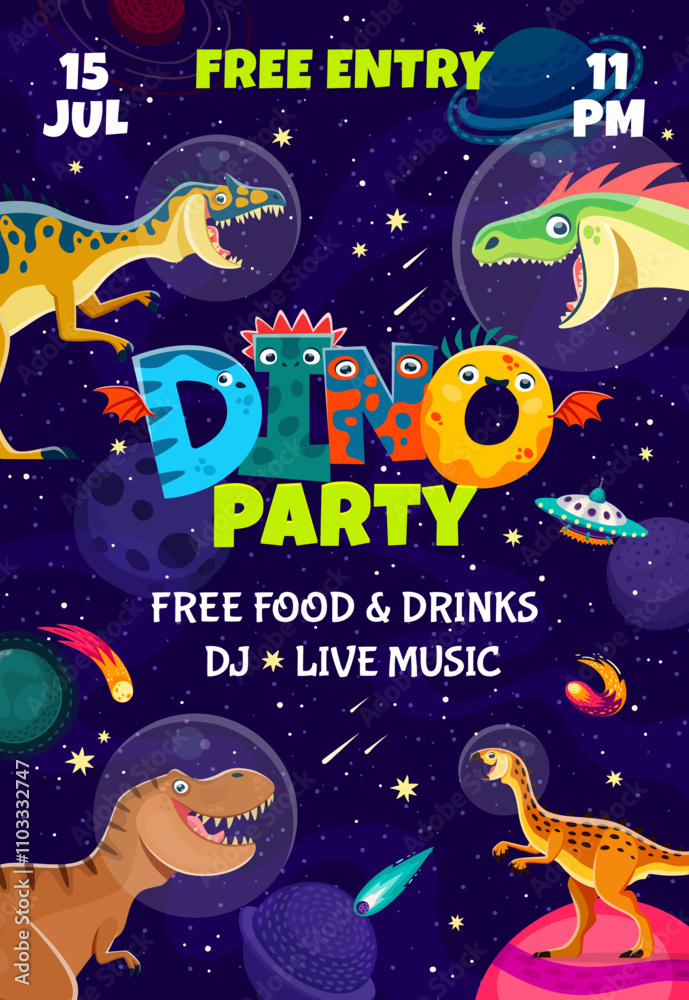 Dino party flyer with dinosaur astronauts characters on alien space ...