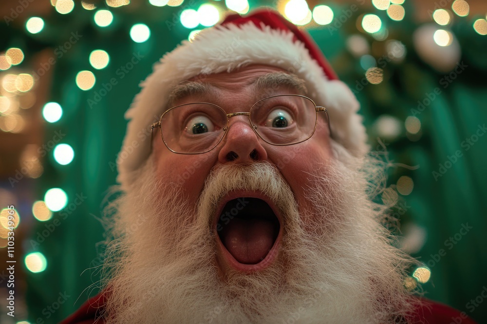 Santa Claus with a surprised face, green background, white beard and ...