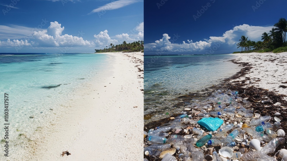 before after pictures, a beautiful beach is disfigured by plastic waste ...