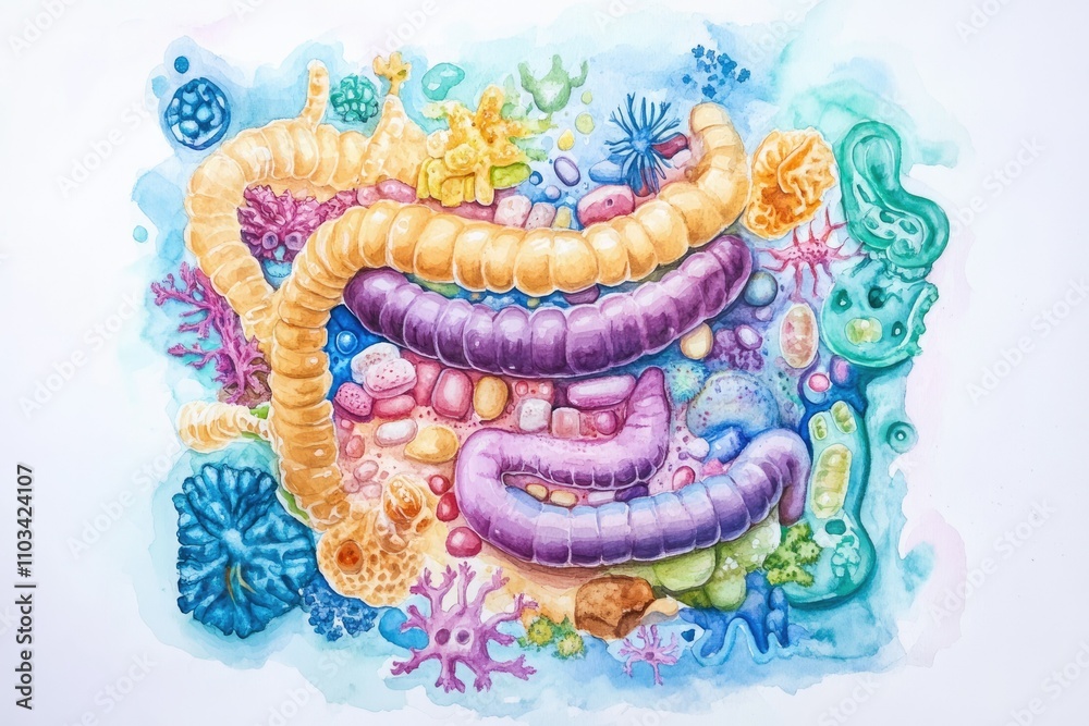 Watercolor Illustration of Beneficial Gut Microbiota for Digestive ...