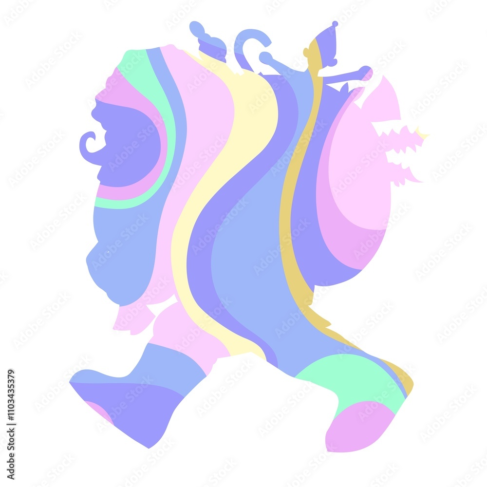 A whimsical silhouette of a character is composed of pastel colors ...