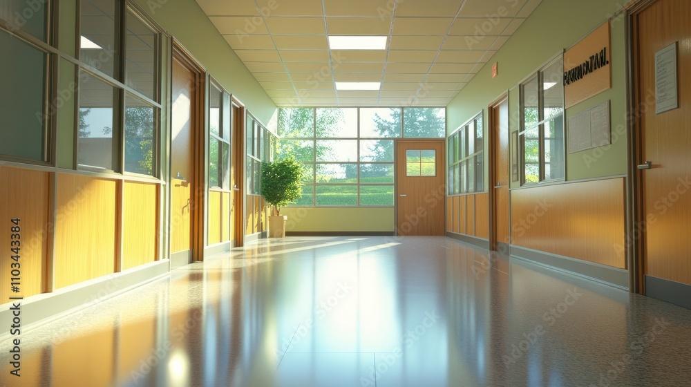 Principal's office door sign in modern school hallway with large ...