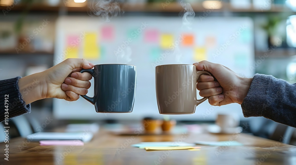 Two colleagues clinking coffee mugs during a brainstorming session ...