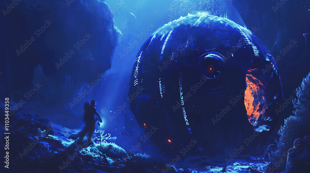 futuristic underwater research team encountering an alien pod nestled ...