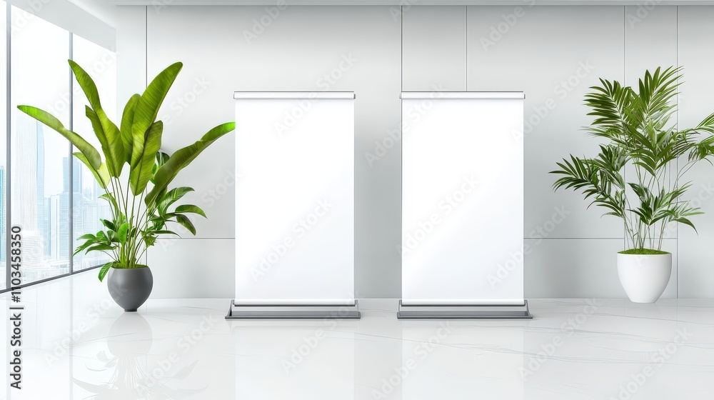 Mockup of two roll-up standee banners in a sleek office hall, designed ...
