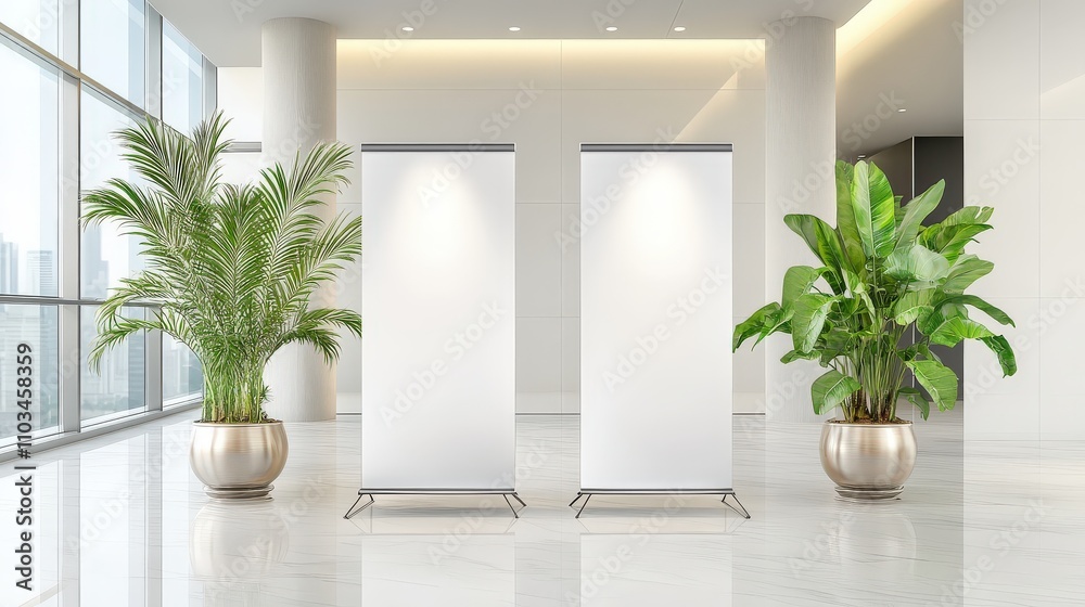 Mockup of two roll-up standee banners in a sleek office hall, designed ...