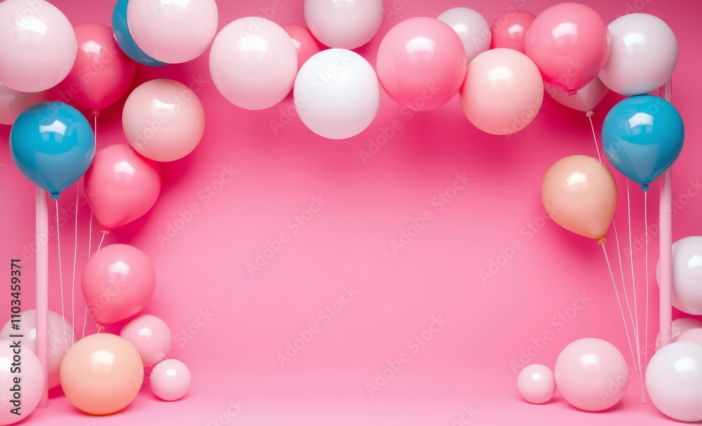Party themed frame with balloons on a pink backdrop ideal for a copy ...