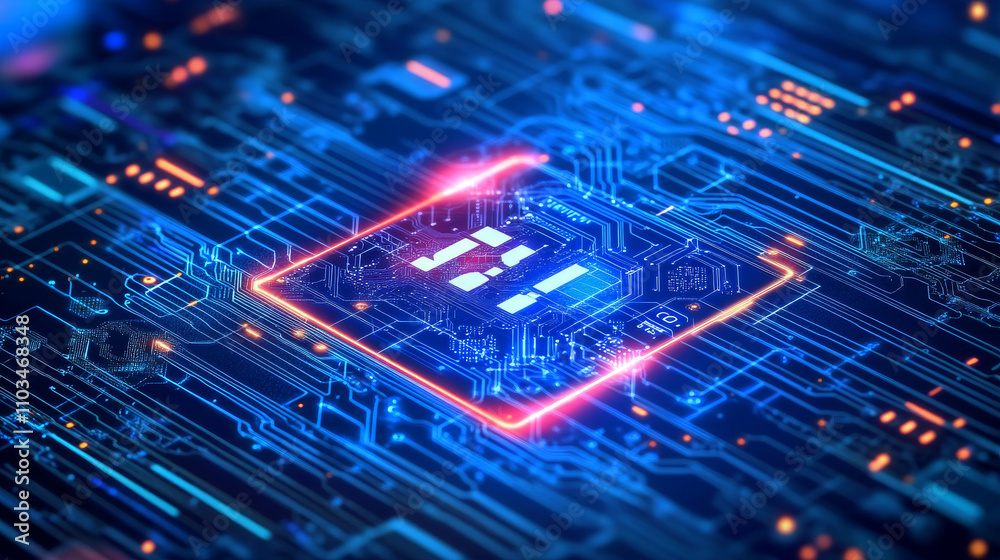 Abstract digital AI chip on the empty computer monitor. AI innovation ...