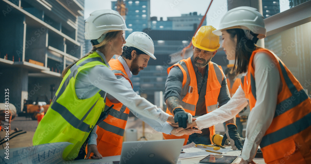 Professional Team of Civil Engineers and Construction Managers Putting ...
