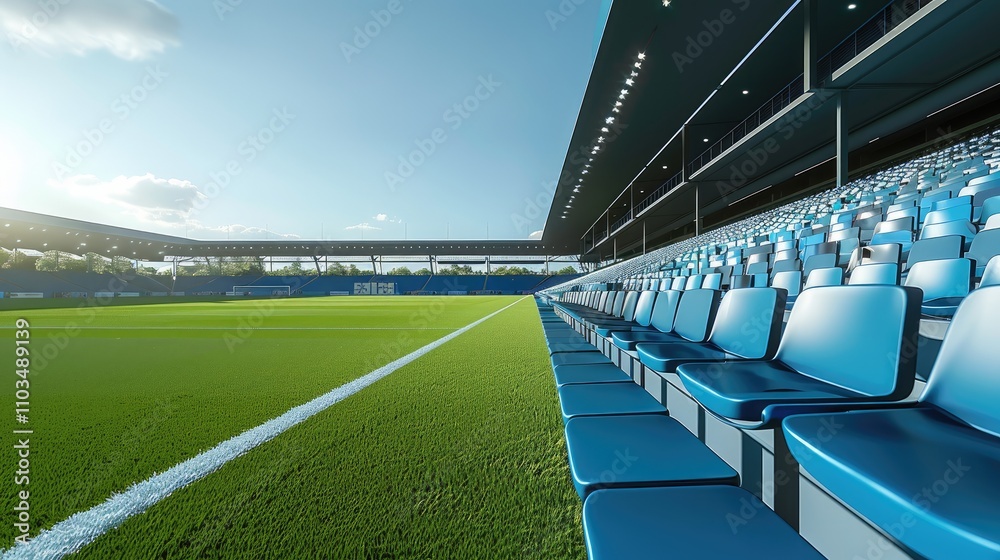 A 3D model of an amateur football field stand, viewed from the pitch ...