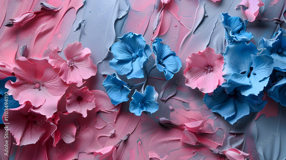 Pink and blue flowers glued with tapes on cncrete shapes. ?oncept of ...