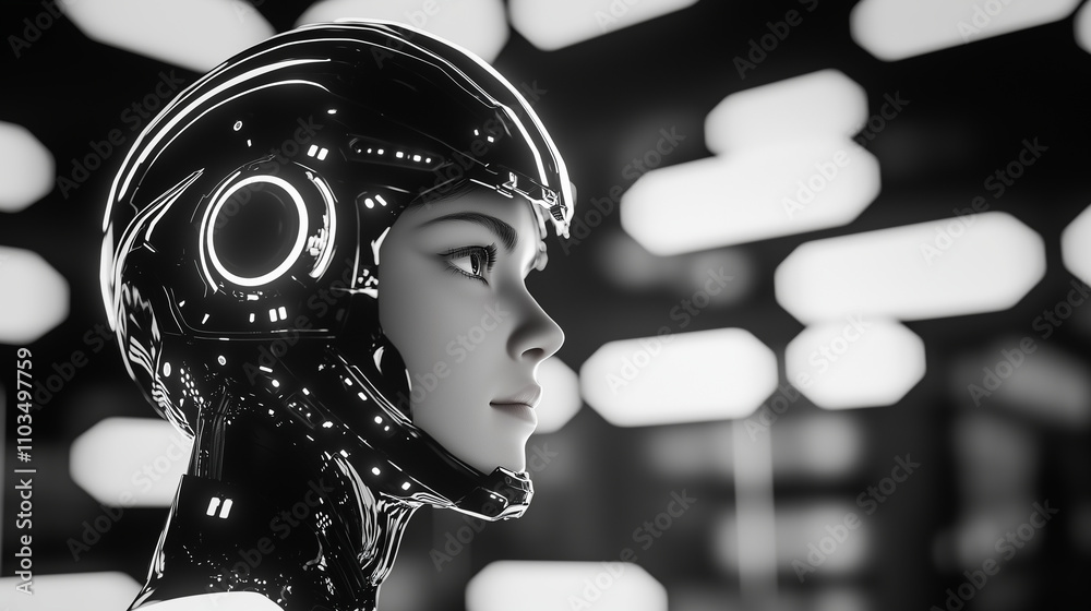 A powerful female cyborg, wearing a reflective black helmet with sharp ...