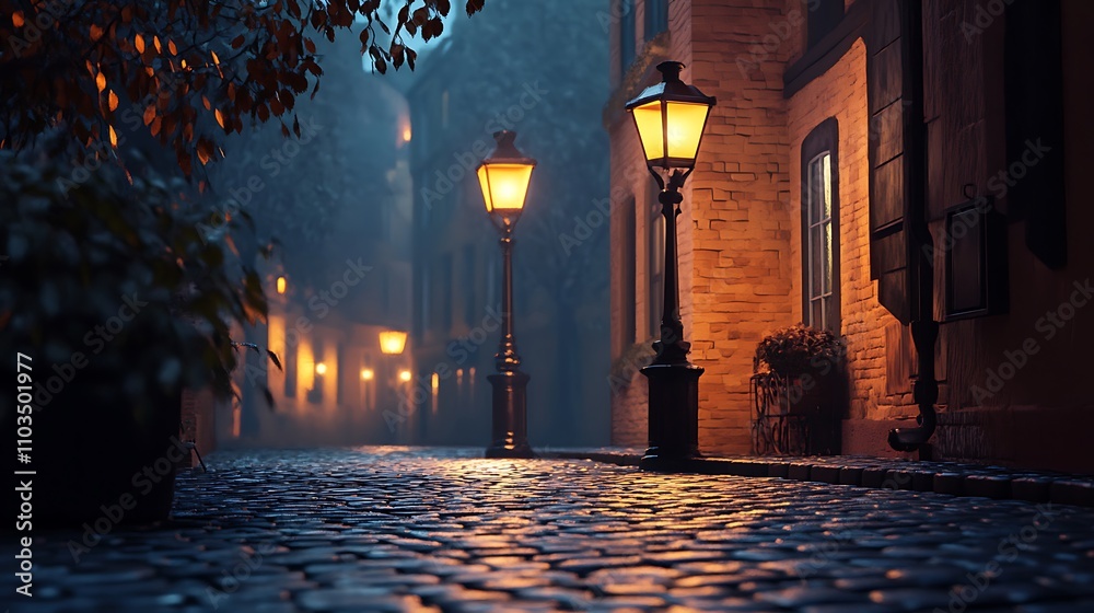 A quiet street corner with vintage lamp posts casting warm light on ...