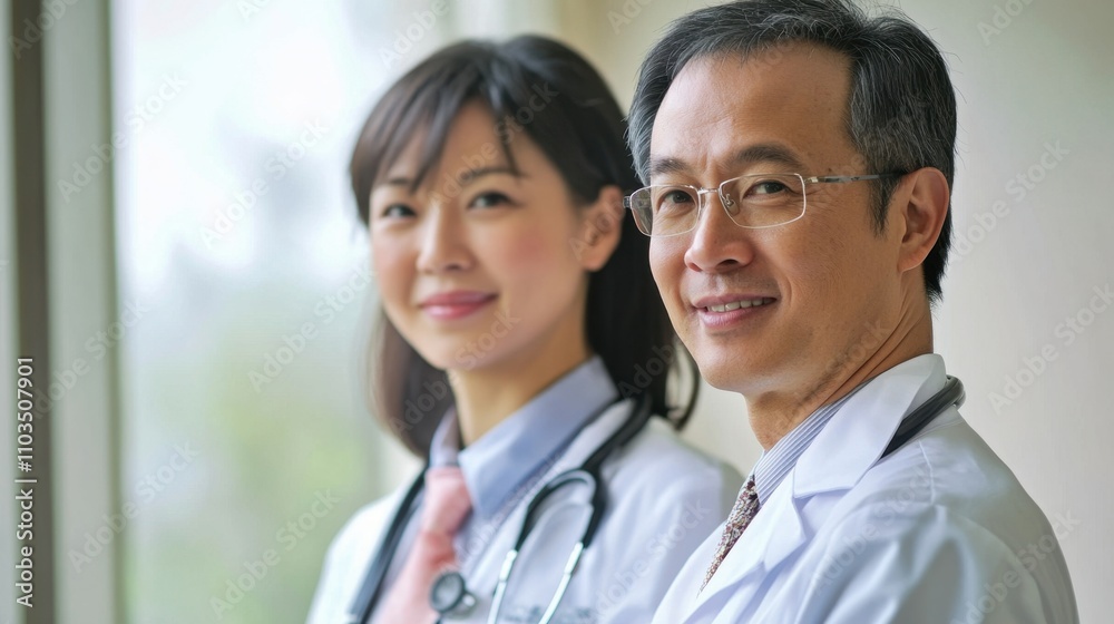 Team of middle-aged Asian doctors wearing white coats represent a well ...
