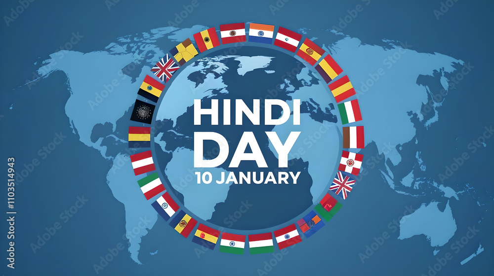 A world map with flags of various countries surrounding the text "HINDI ...