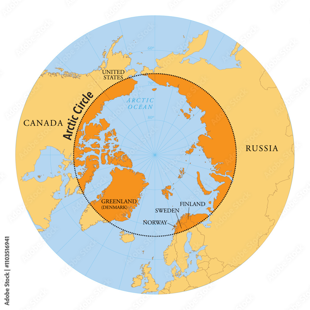Vector map of the Arctic Circle with countries and regions: Geographic ...