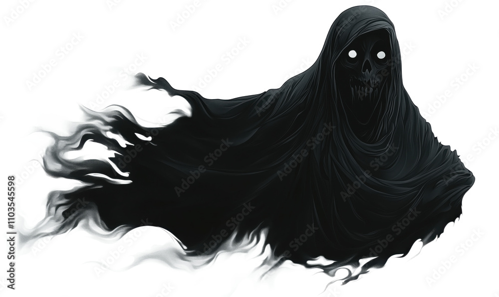 Ghostly figure with dark cloak and skeletal face, emanating smoke-like shadows, haunting ...