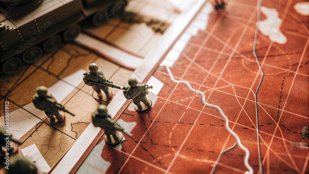 strategic military operation is depicted with toy soldiers and map ...