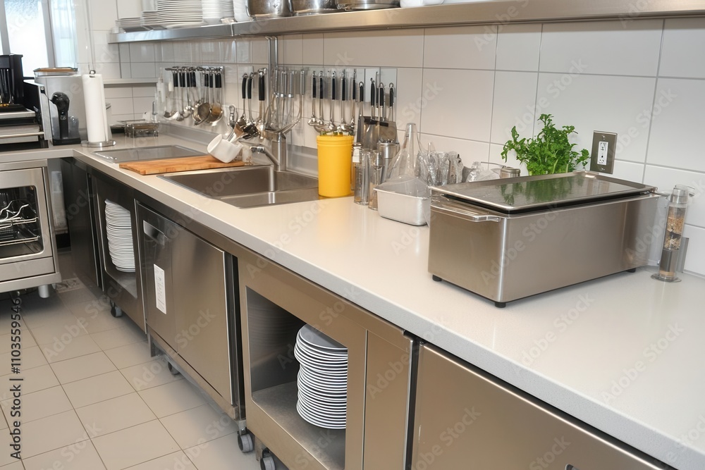 Commercial kitchen with separate washing stations for dishes and food ...