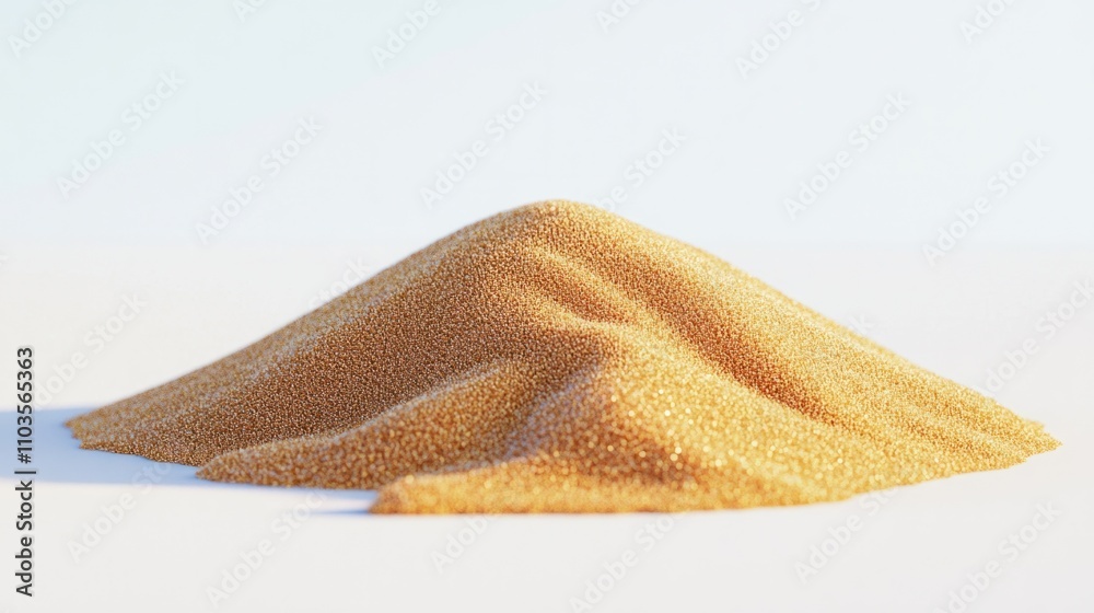 A small, realistic mound of golden desert sand, perfectly shaped into a ...