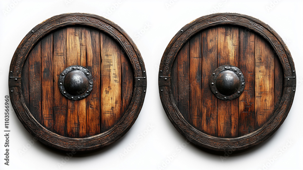 Viking shield on a white background, featuring wooden textures, metal ...