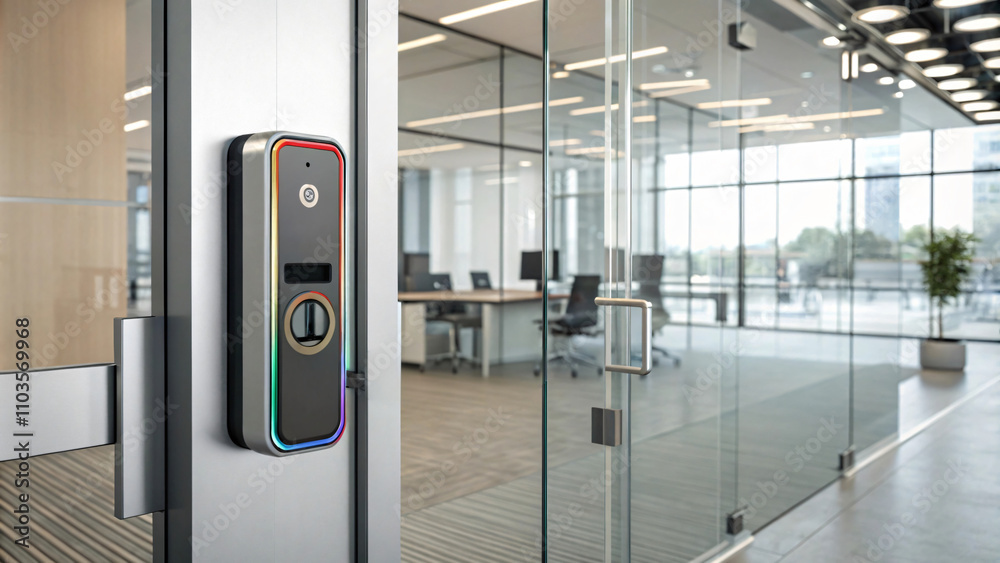 Modern office entrance with smart lock system, showcasing sleek design ...