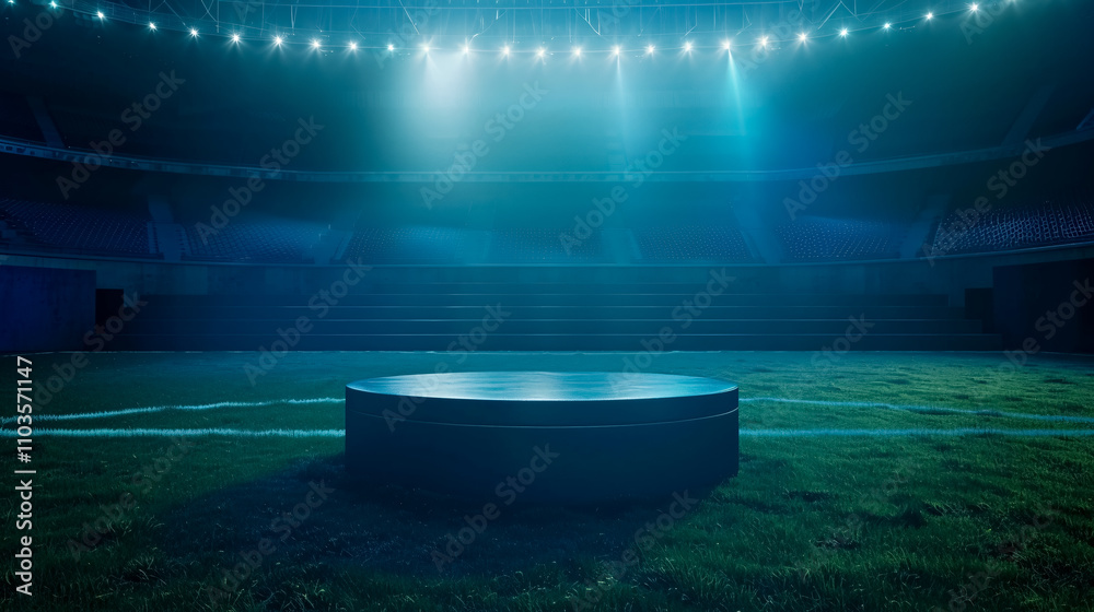 Podium in the center of a stadium, surrounded by empty seats and light ...