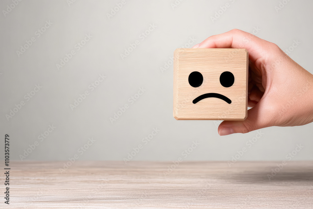 Expressing disappointment hand holding sad face block indoor space ...